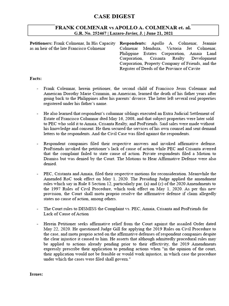 Frank Colmenar vs. Apollo Colmenar Et Al. | PDF | Complaint | Cause Of ...