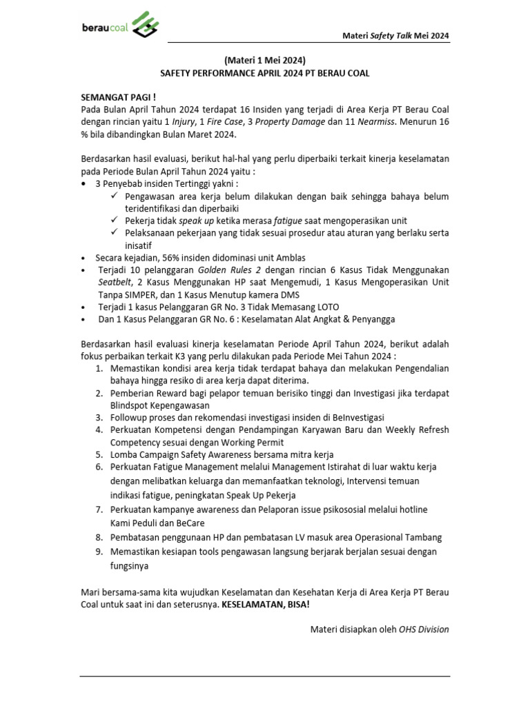 Materi Safety Talk 01 Mei 2024 | PDF