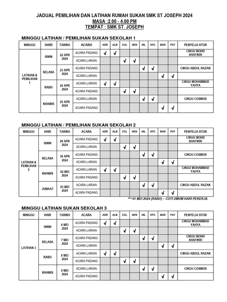 Jadwal Latihan Sukan SMK St Joseph 2024 | PDF