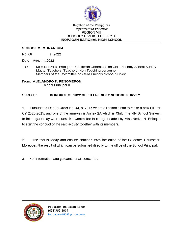 School Memo CHILD FRIENDLY SCHOOL SURVEY | PDF