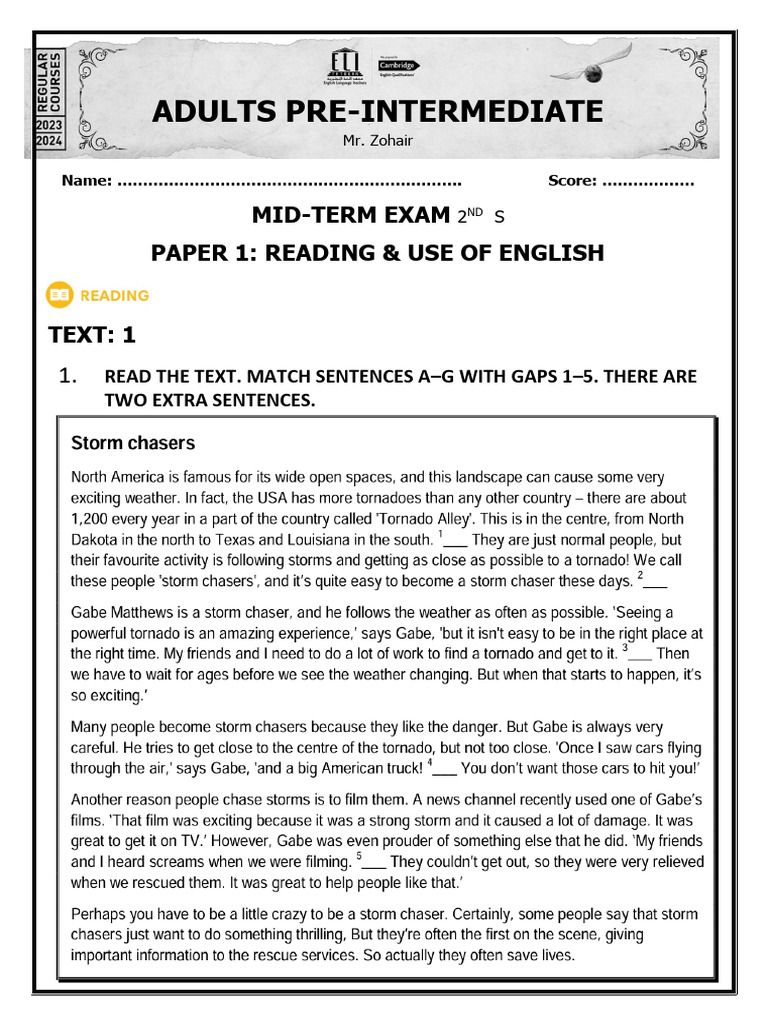 Adults Pre Inter 1 Mid Term Reading and Use of English S2 | PDF ...