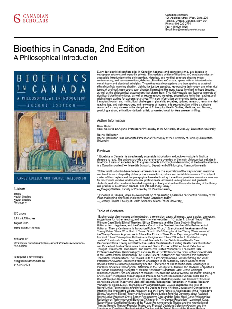 Bioethics in Canada: 2nd Edition Overview | PDF | Bioethics | Autonomy