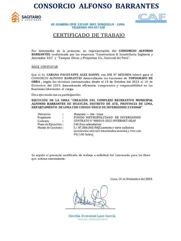 Certificado Caf - Alex Cabana | PDF