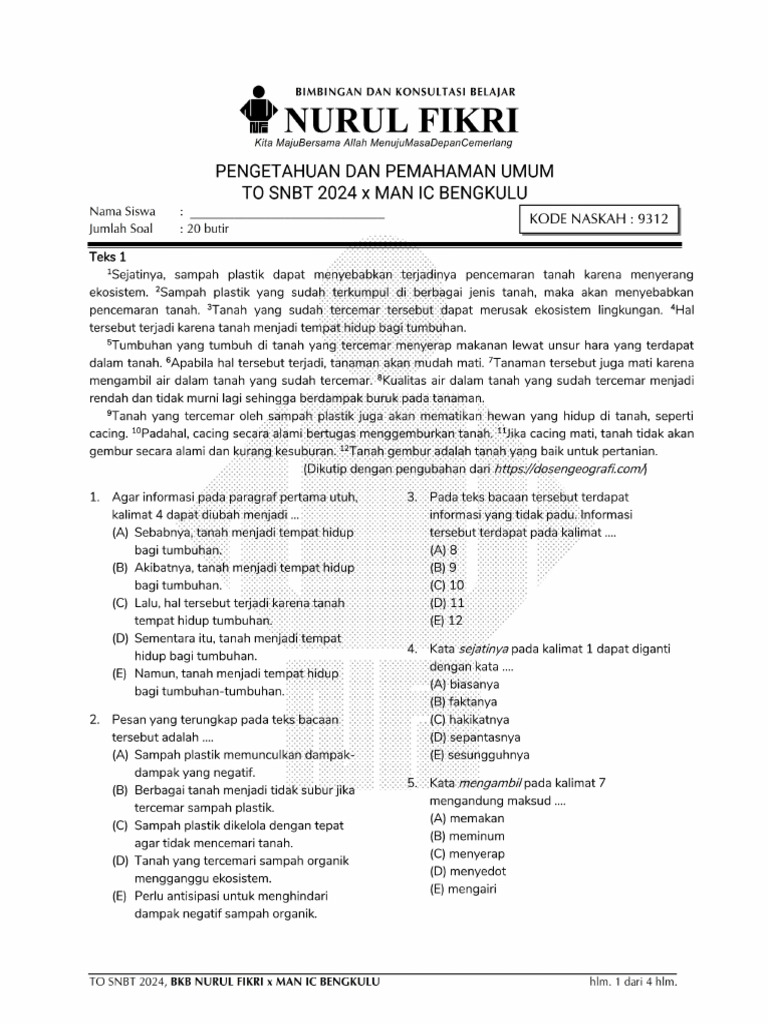 To SNBT 2024 Pengetahuan Dan Pemahaman Umum 9312 Man Ic Bengkulu | PDF