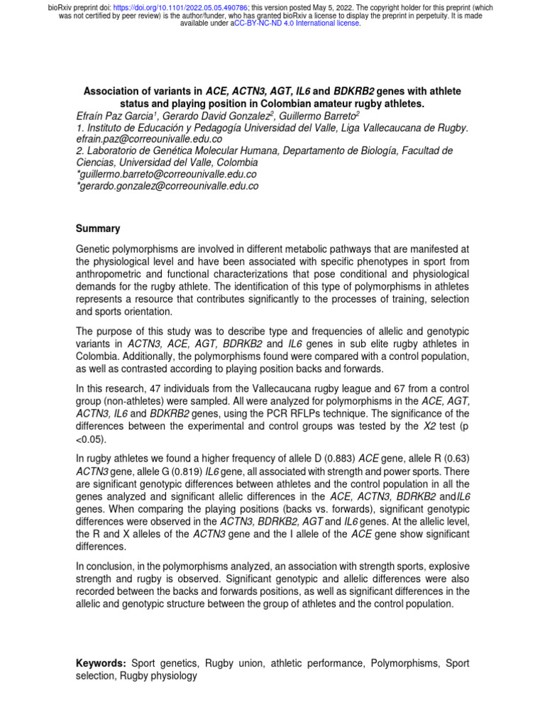 Association of Variants in ACE, ACTN3, AGT, IL6 and BDKRB2 Genes With ...