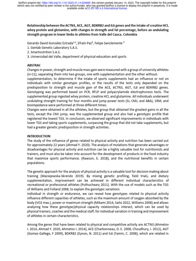 Relationship Between The ACTN3, ACE, AGT, BDKRB2 and IL6 Genes and The Intake of Creatine HCL ...