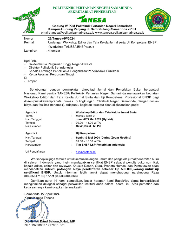 Workshop TANESA BNSP 2024 - 3 Mei 2024 & 13 Mei 2024 | PDF