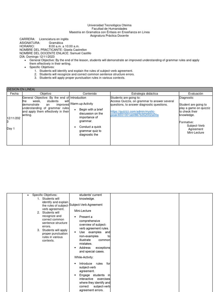 Online Grammar Teaching Plan | PDF | Perfect (Grammar) | Grammatical Tense