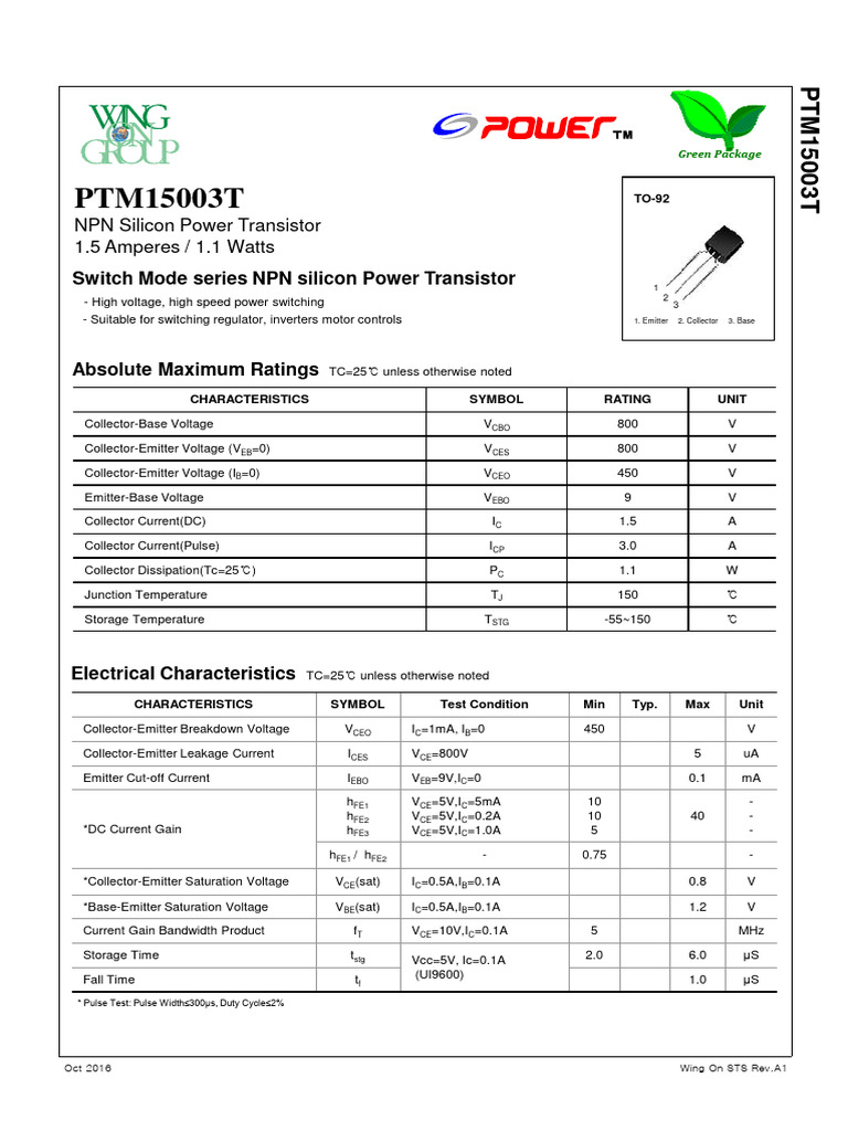 PTM15003 NPN Transistor Datasheet | PDF | Bipolar Junction Transistor ...