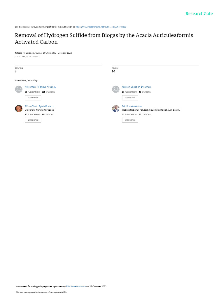 Removal of Hydrogen Sulfide From Biogas by The Acacia | PDF ...