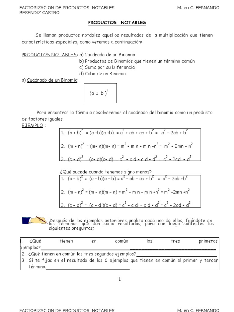 Guía De Productos Notables Y Factorización Pdf Factorización