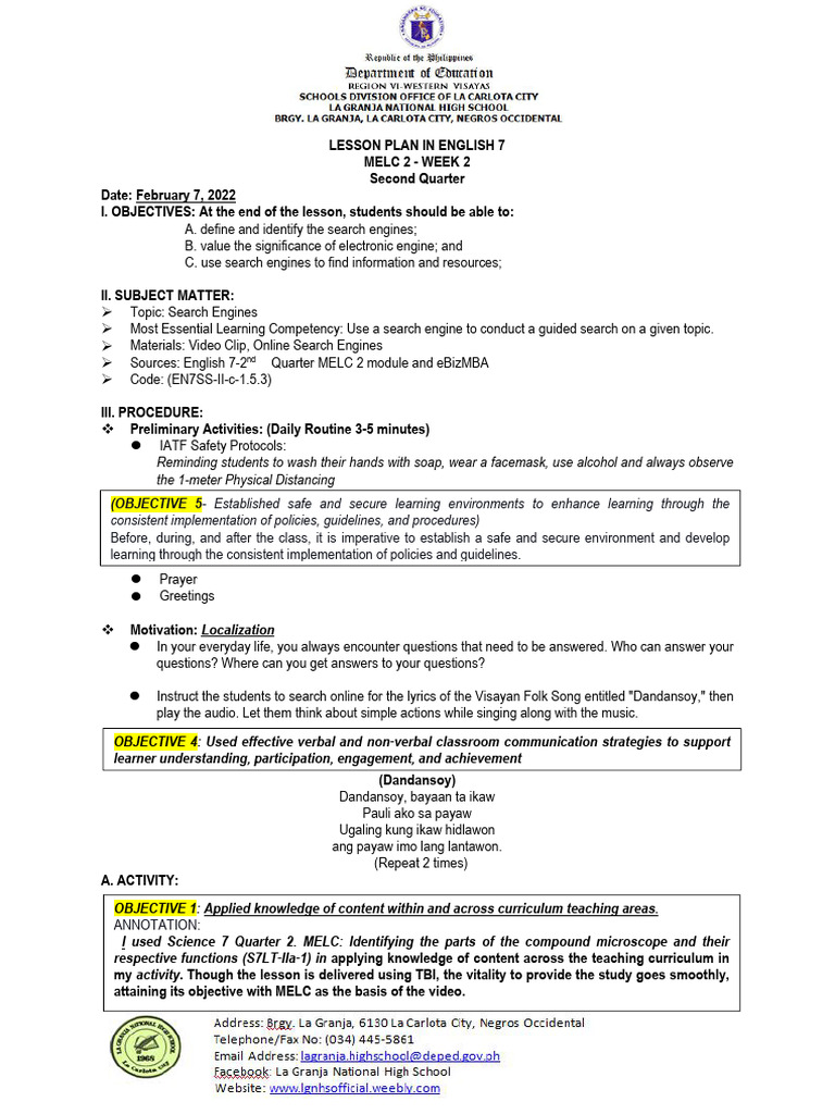 Lesson Plan in English 7 NJC | PDF | Learning | Lesson Plan