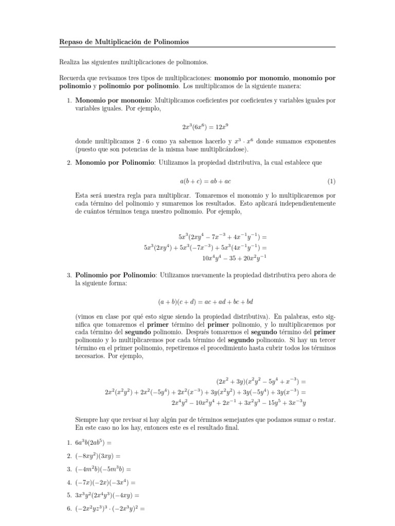 Hoja de Problemas 10 Multiplicación de Polinomios | PDF | Polinomio | Multiplicación