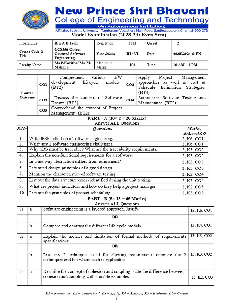 Oose Model Set 2 Pdf Software Testing Software Engineering