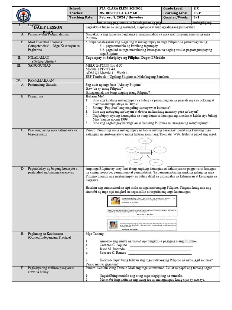 DLP Esp 6 Q3 W1 Day 1 | PDF