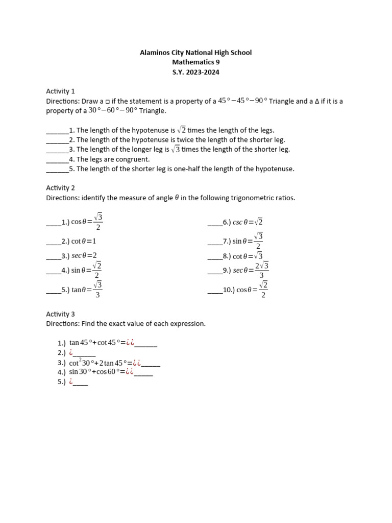Grade9 Activity Sheet | PDF | Triangle | Euclidean Plane Geometry