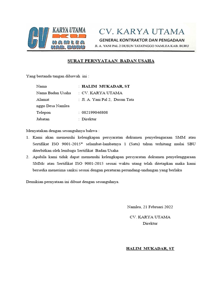 Pernyataan Tanggung Jawab CV. Karya Utama | PDF