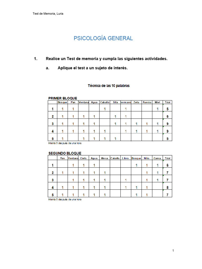 Test de Luria - Memoria | PDF | Memoria | Recuperar (memoria)