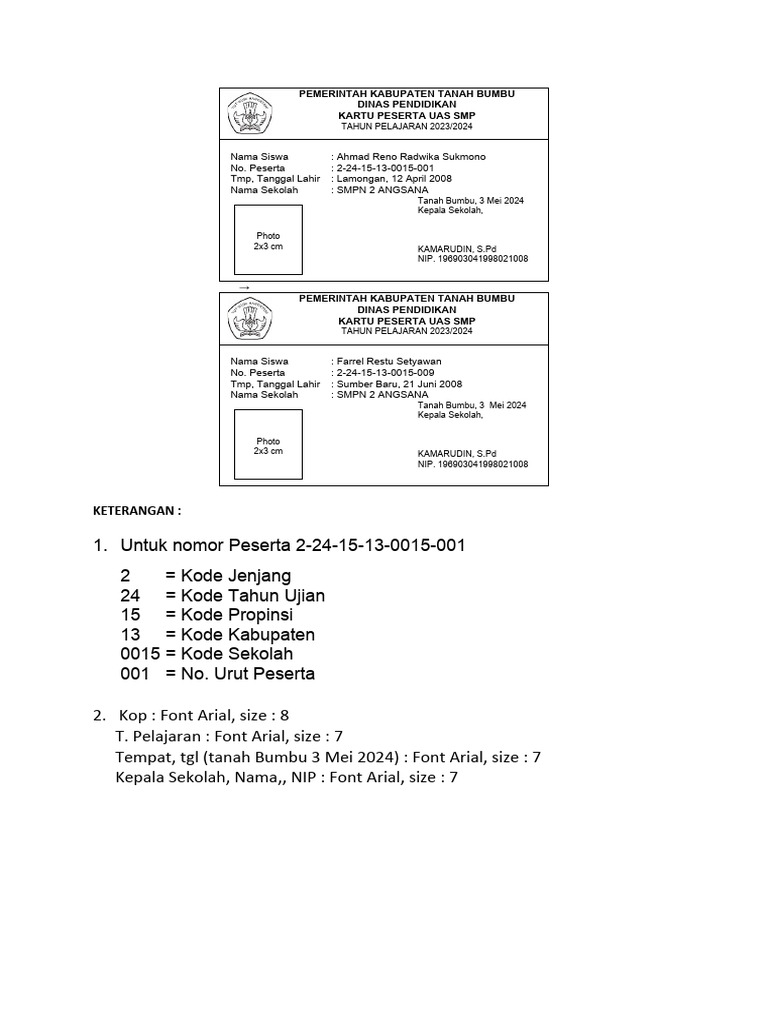 Contoh Kartu Us 2024 | PDF