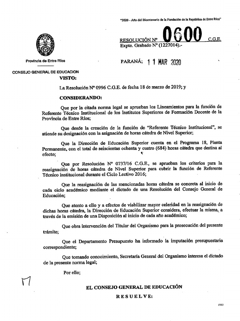 0600-20 CGE Asigna 684 Horas, Referente Técnico Institucional, Dirección de Educación Superior | PDF