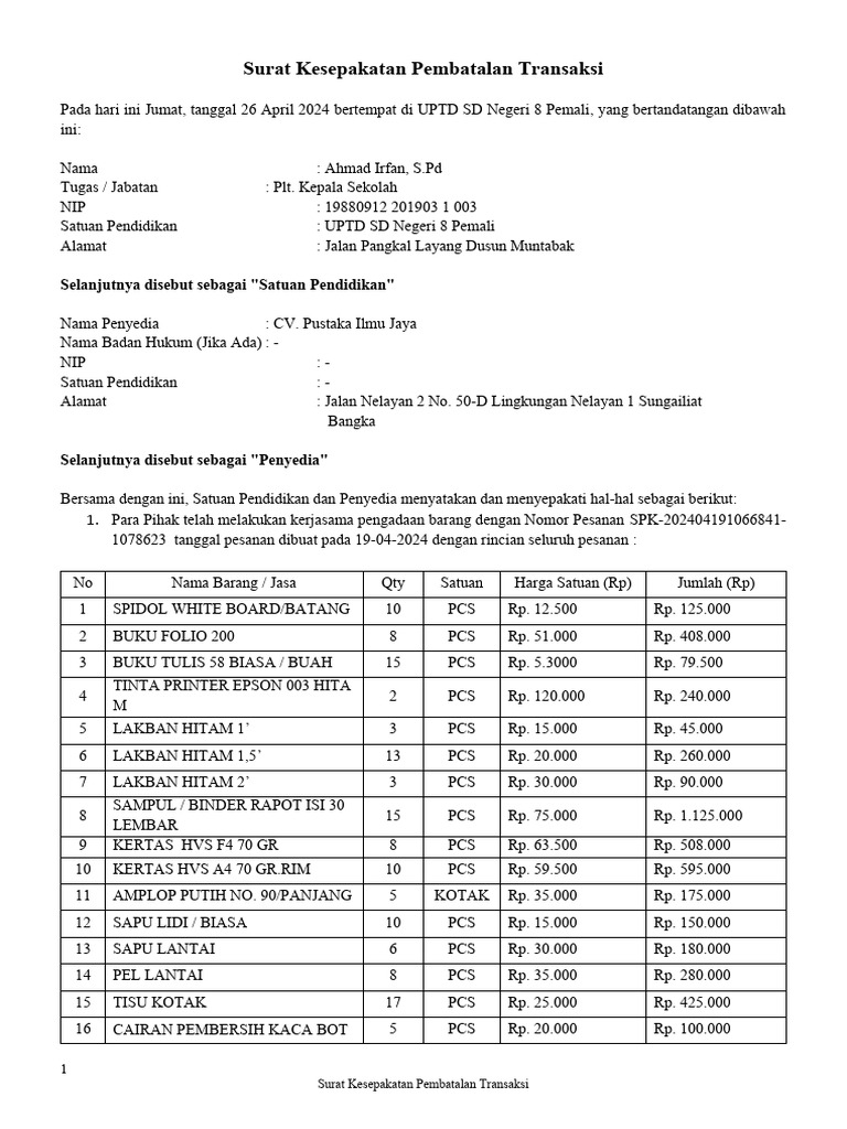 Surat Pembatalan Transaksi Pengadaan | PDF