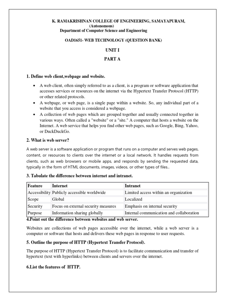 Web Technology Question Bank - Unit 1 and 2 | PDF | World Wide Web | Internet & Web