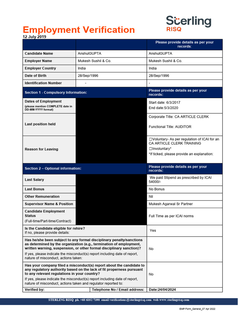 Sterling RISQ EMP Verification Form - GABD34520 - Mukesh Sushil & Co ...