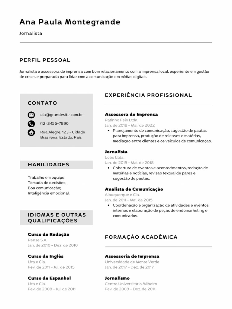 Currículo Simples Com Foto e Informações Branco e Cinza | PDF
