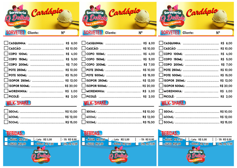 Comanda Sorveteria Ki Delicia - A4 | PDF
