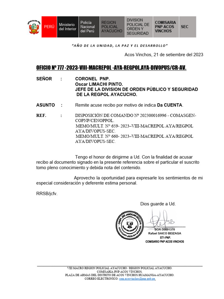 Oficio Acuse Recibo CIA PNP Acos Vinchos 21 | PDF | Gobierno ... Oficio Acuse Recibo CIA PNP Acos Vinchos 21 | PDF | Gobierno ...