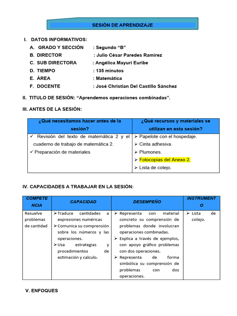 Sesion de Aprendizaje Matemática Operaciones Combinadas | PDF | Aprendizaje | Evaluación