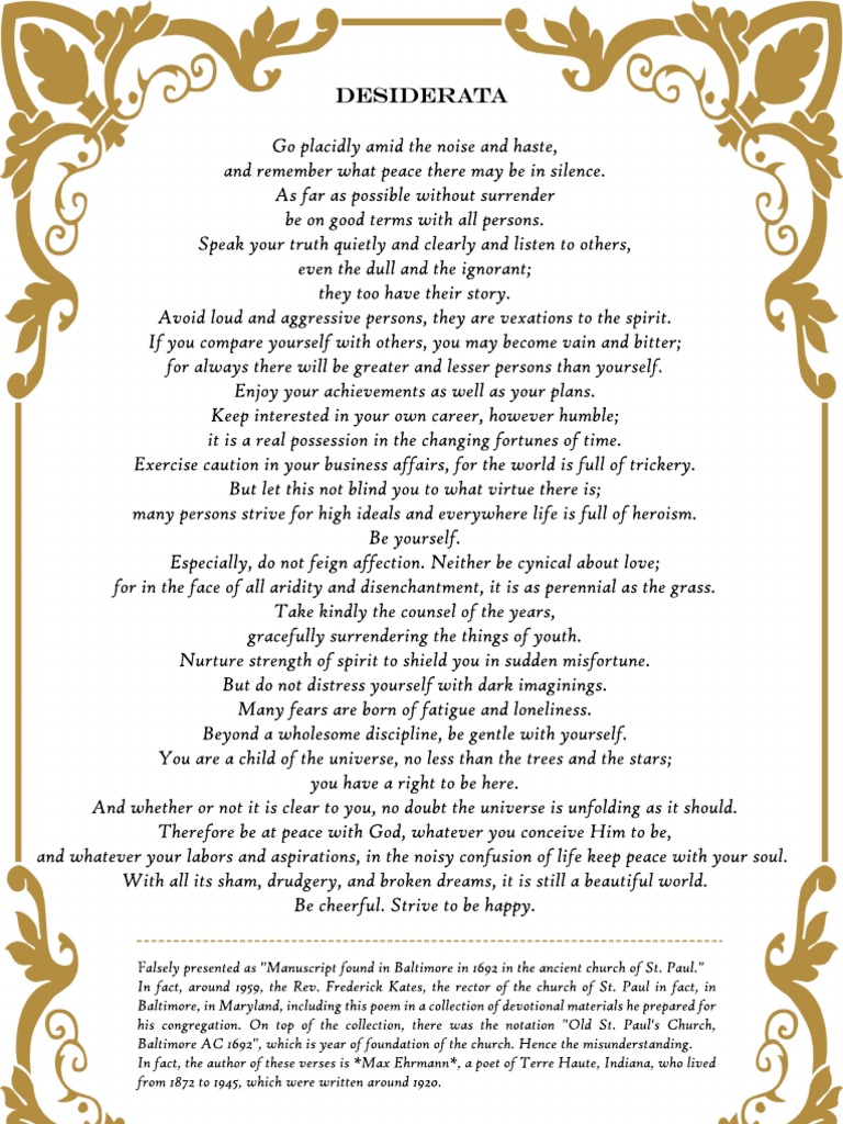 Origins of "Desiderata" Poem | PDF | Self-Improvement