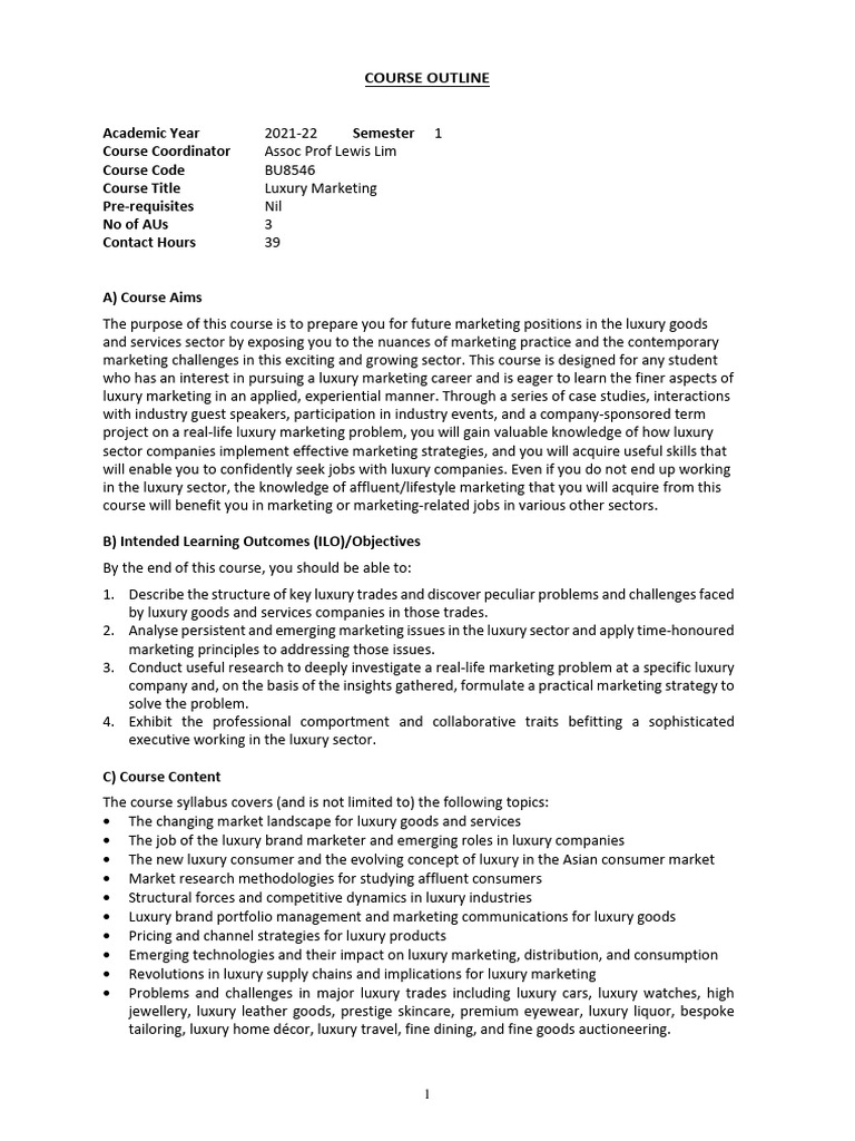BU8546 Luxury Marketing - Draft Course Outline (Unofficial) | PDF ...