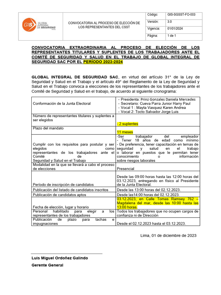GIS-SGSST-FO-003 - Convocatoria A Elecciones Del CSST | PDF | Gobierno ...
