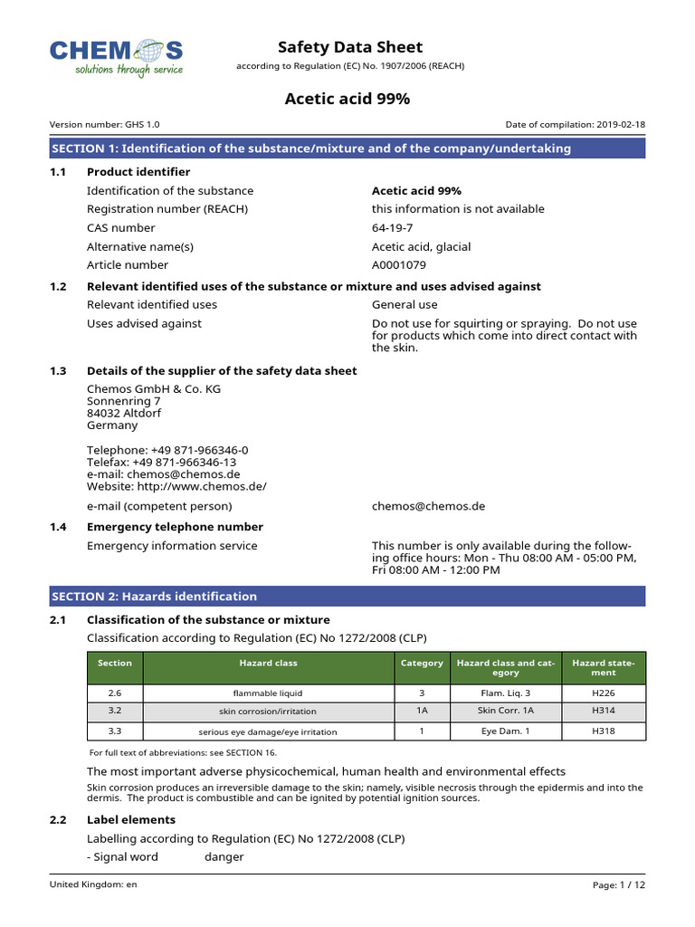 Acetic Acid 99% Safety Data Sheet | PDF | Dangerous Goods | Combustion