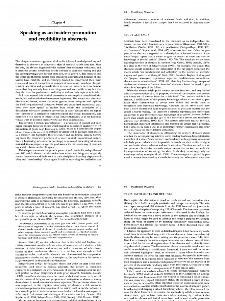 Hyland 2004 Book Chapter - Speaking As An Insider - Promotion and Credibility in Abstracts | PDF ...