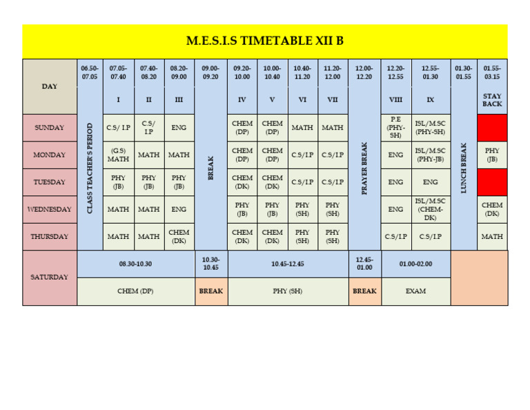Mesis Integrated Timetable Xii B | PDF