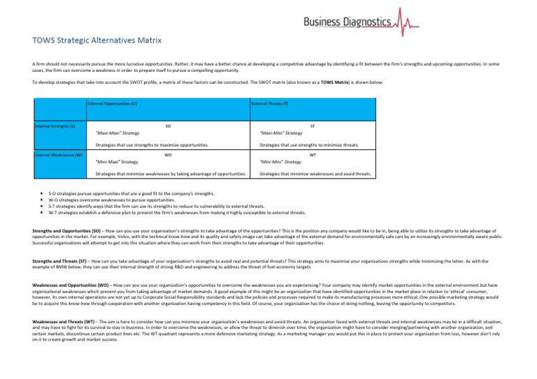 TOWS Strategic Alternatives Matrix | PDF | Swot Analysis | Marketing
