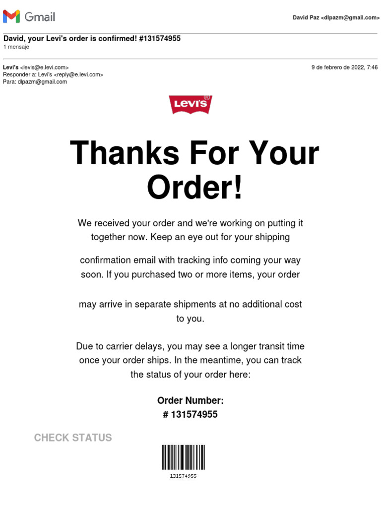 Gmail - David, Your Levi's Order Is Confirmed! #131574955 | PDF | Jeans