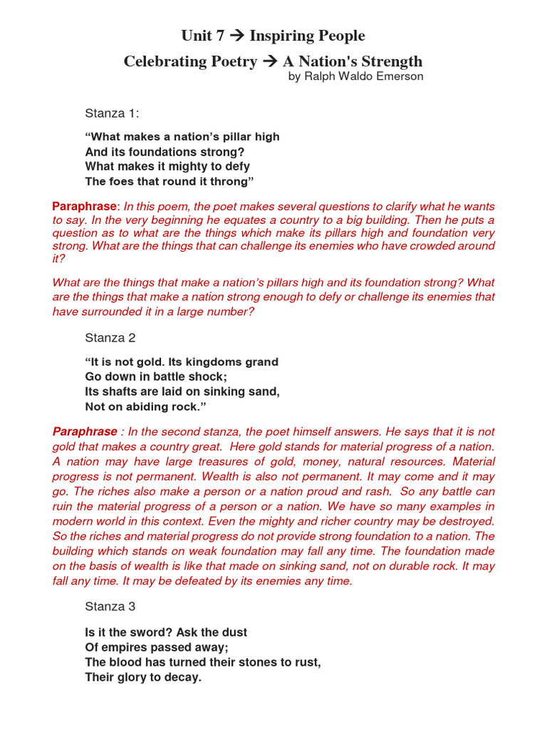 Unit 7-Poem-A Nation's Strength-Explanation and Solution Class 8 | PDF