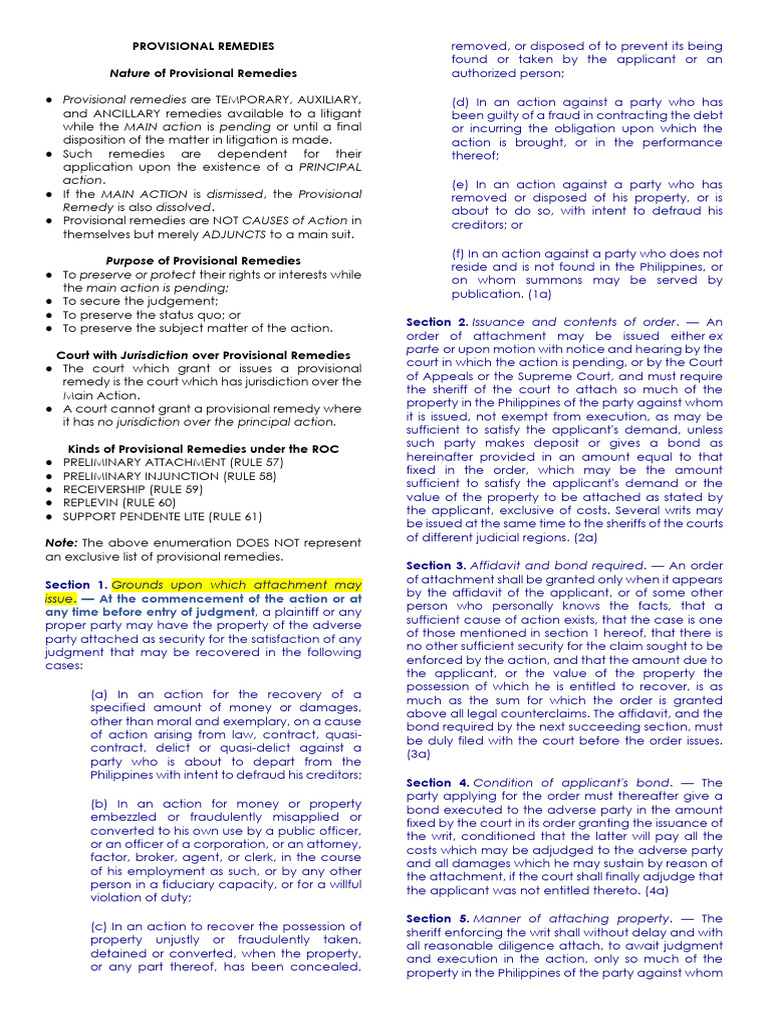 Provisional Remedies Personal Notes | PDF | Judgment (Law) | Legal Remedy