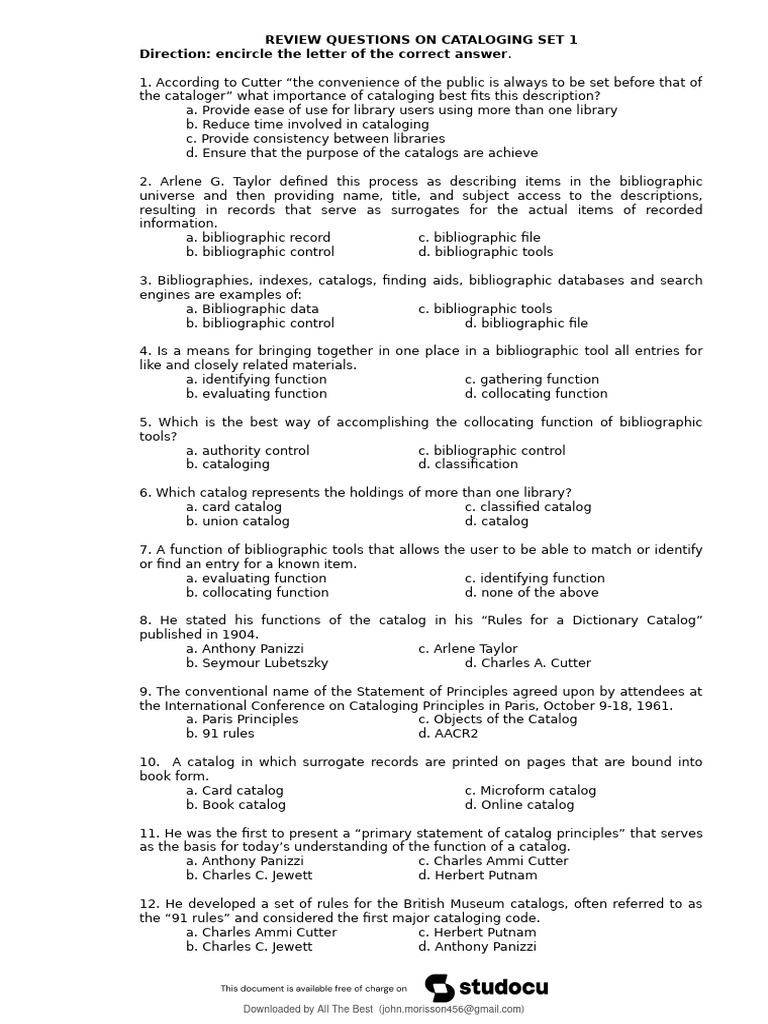 Cataloging Concepts and Principles Quiz | PDF | Bibliography | Cultural ...