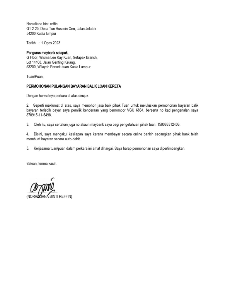 Surat Permohonan Pulangan Bayaran Balik Loan Kereta | PDF