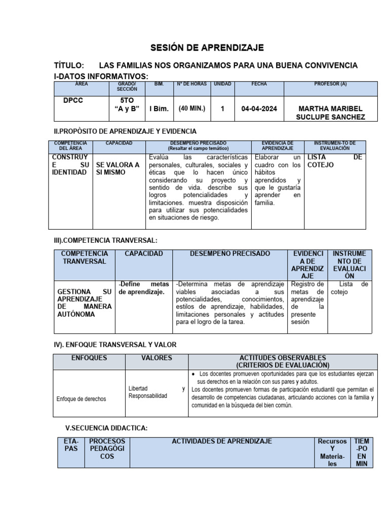 Sesion 2 La Familia 5 A | PDF | Aprendizaje | Evaluación
