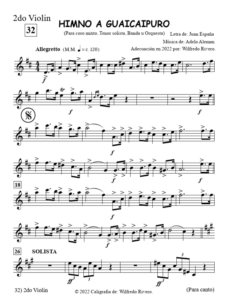32 HIMNO A GUAICAIPURO (Adecuacion en D y A) Banda) 2022 - 2do Violin | PDF
