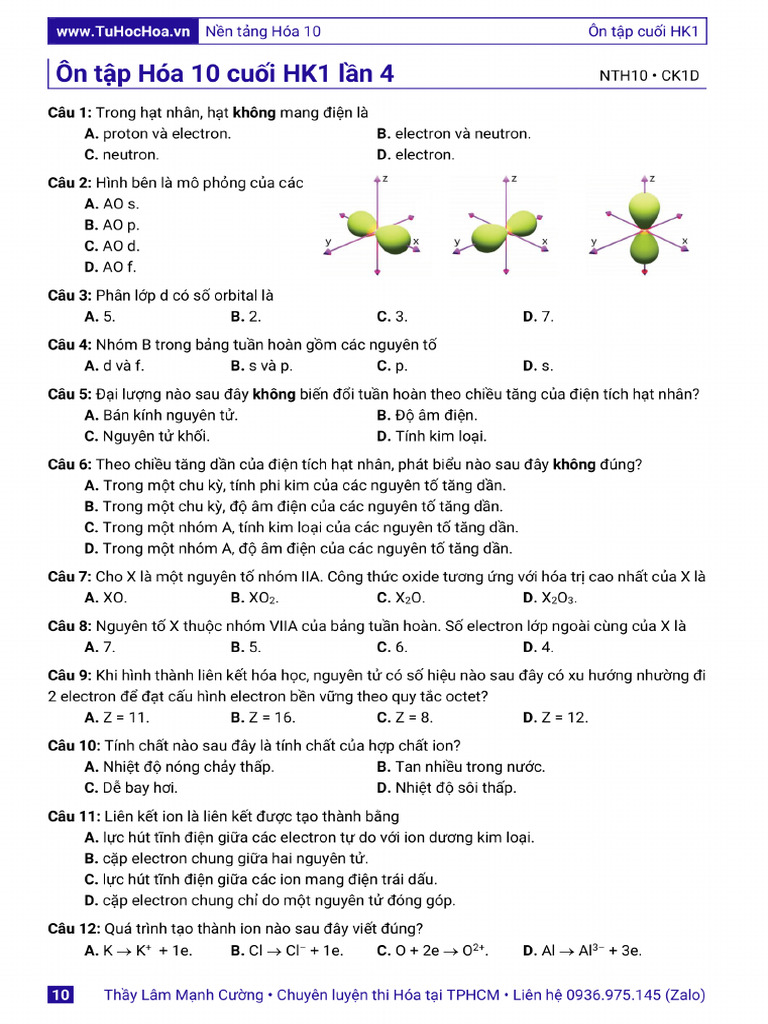 (Môn Hóa) Ôn tập cuối HK1 Hóa 10 lần 4 - Thầy LMC | PDF