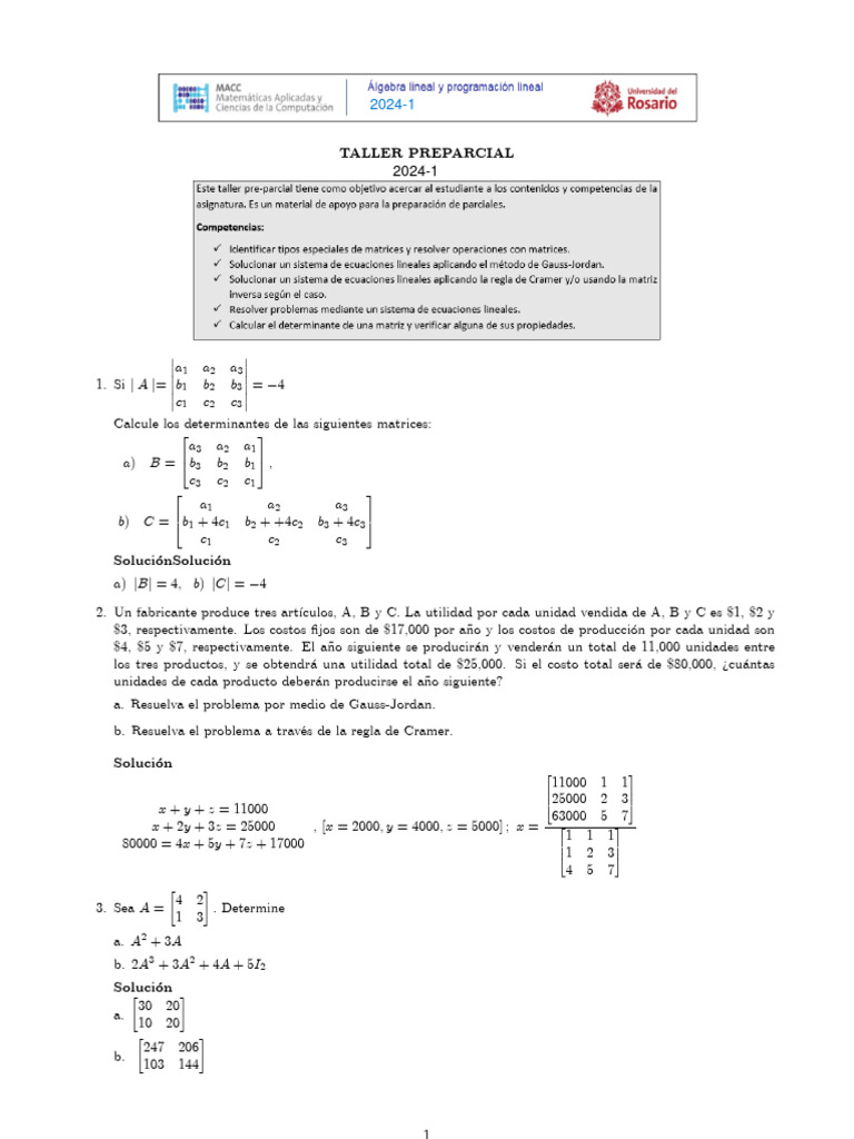 Taller Preparcial 1 APL 2024-1 | PDF | Teoría de la matriz | Álgebra lineal