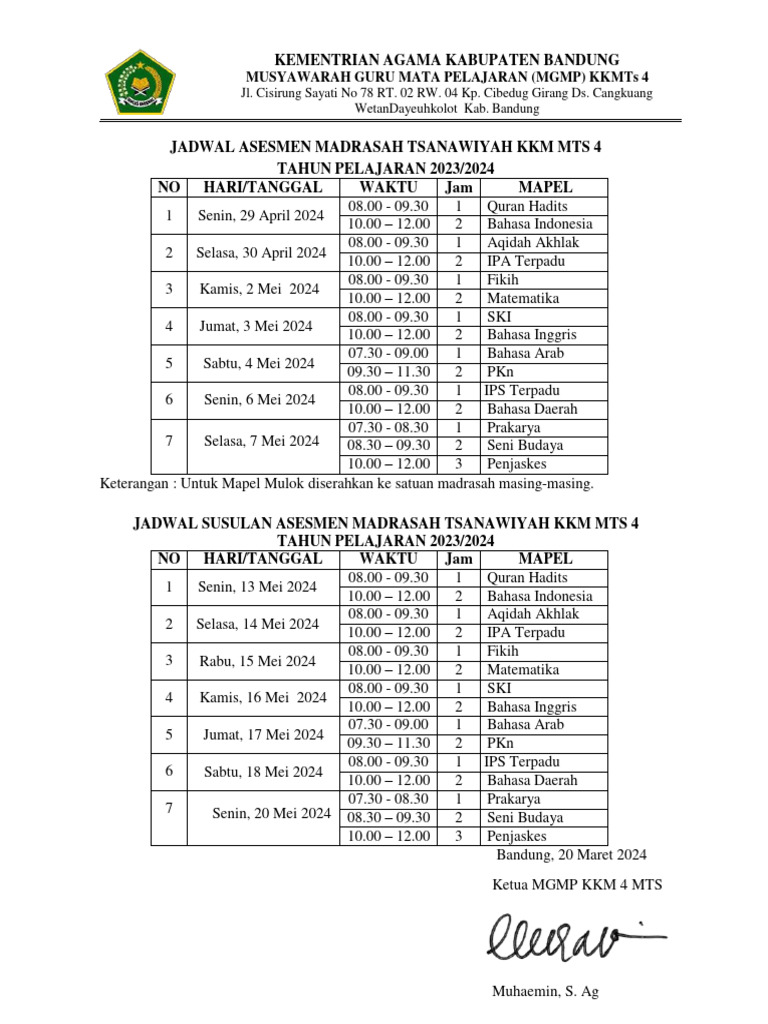 Jadwal Asesmen Madrasah KKMTS 4 2023 2024 | PDF