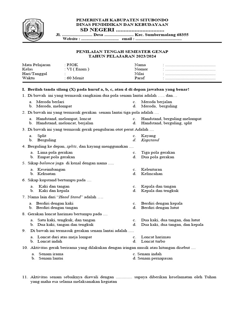 PTS Pjok Kelas 6 Semester Ii Tapel 2023-2024 | PDF