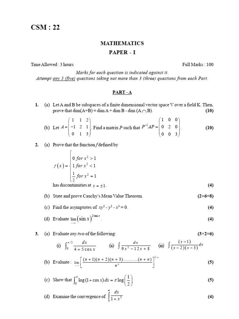 Mcs Main 2022 Mathematics Paper I | PDF | Sphere | Equations